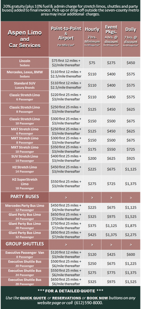 Minneapolis Limo Rates Prices | Limos, Cars, SUVs, Party Buses, Shuttles