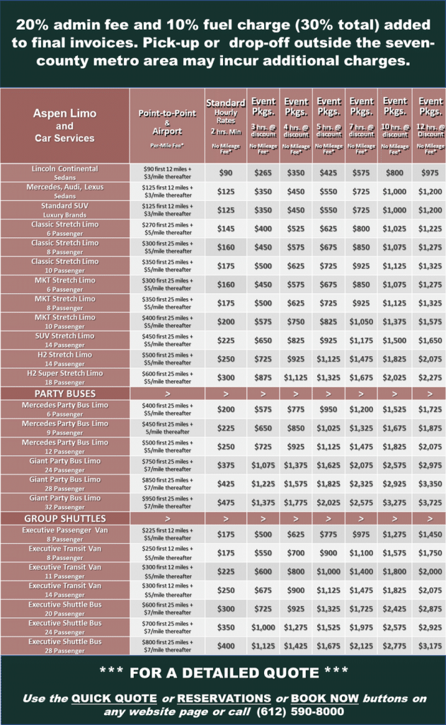 Minneapolis Limo Rates Prices | Limos, Cars, SUVs, Party Buses, Shuttles